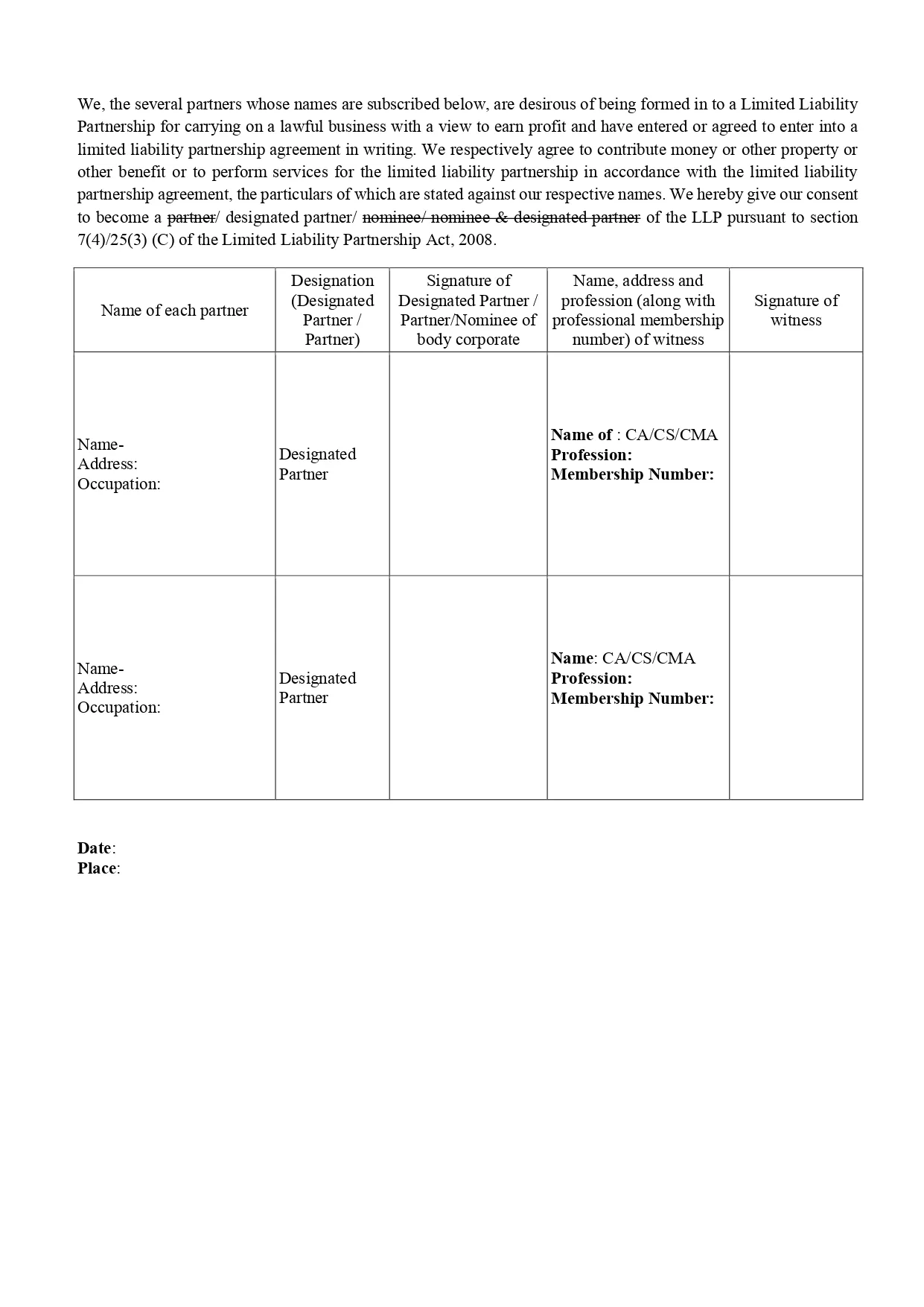 Subscriber Sheet for LLP - Format, Consent, Witness Required